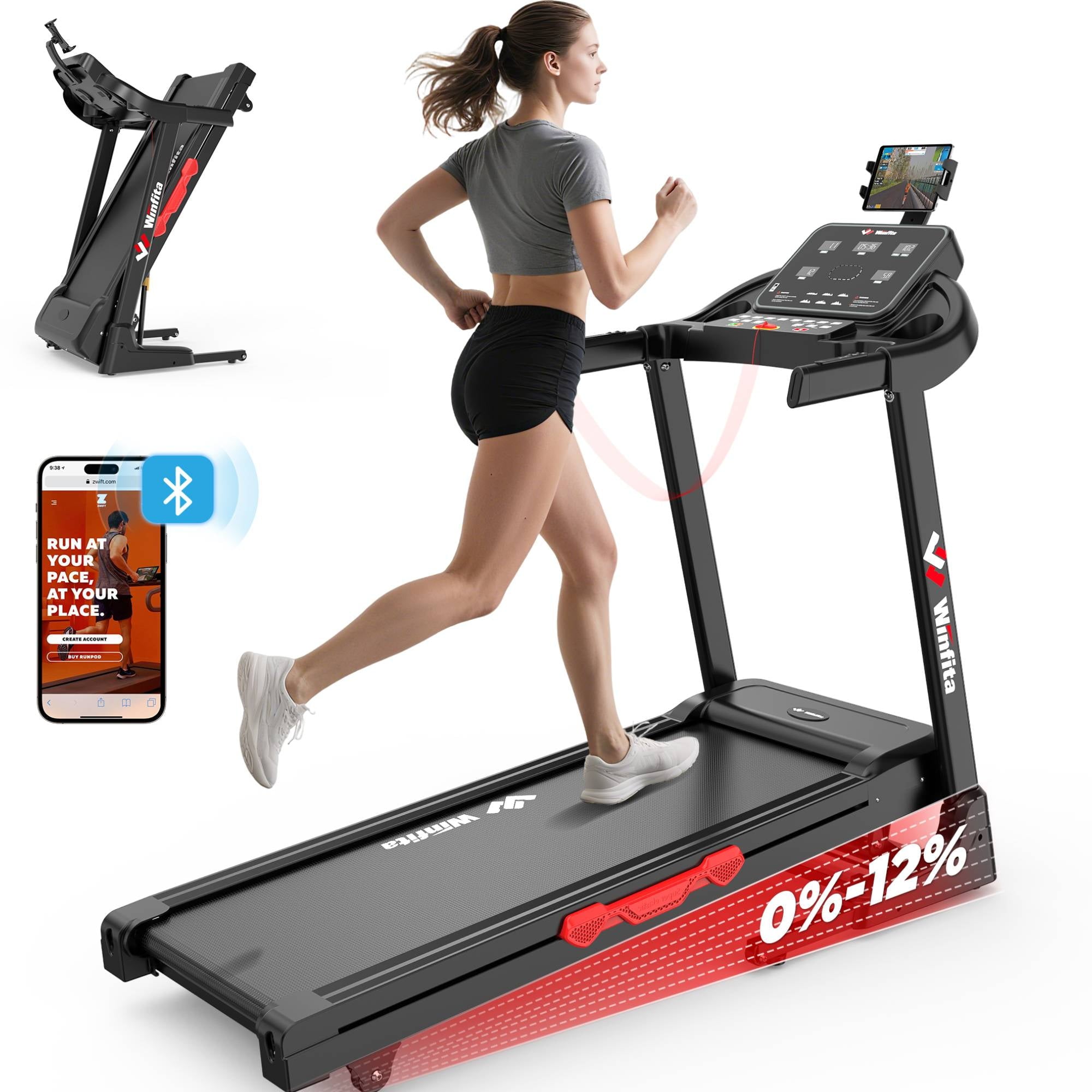 3.5HP Folding Treadmill 300lb Capacity, 12 Levels Auto Incline Treadmi ...